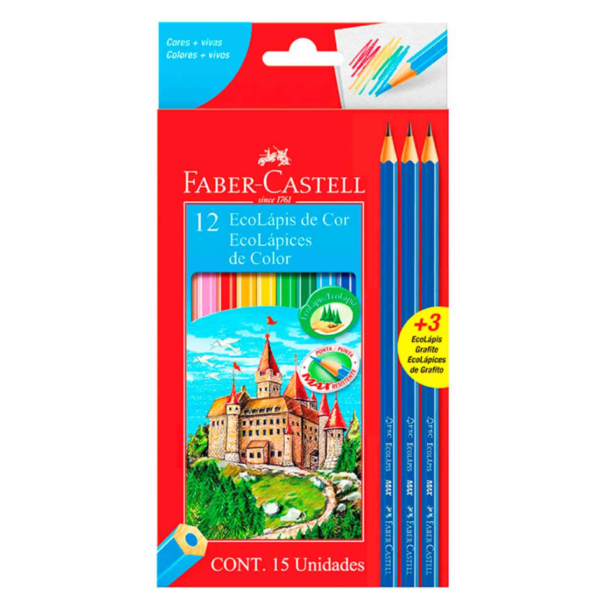 Lapices Color Faber-Castell 12 Colores Largos+3 Grafitos Hexagonales ...